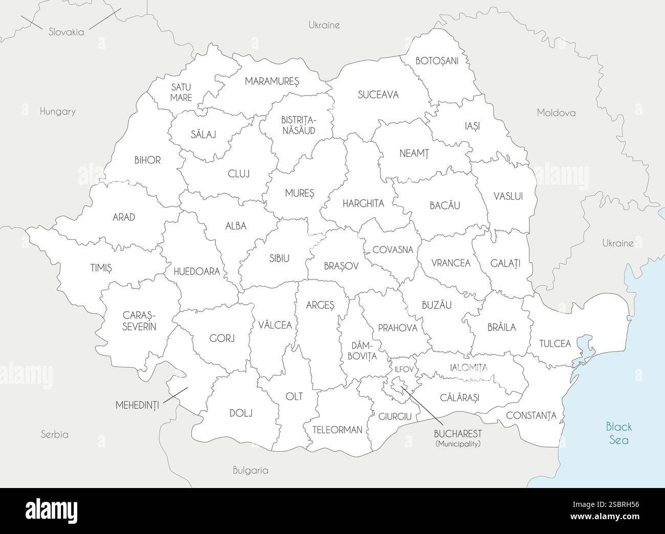 Vector regional map of Romania with counties and administrative divisions, and neighbouring ...