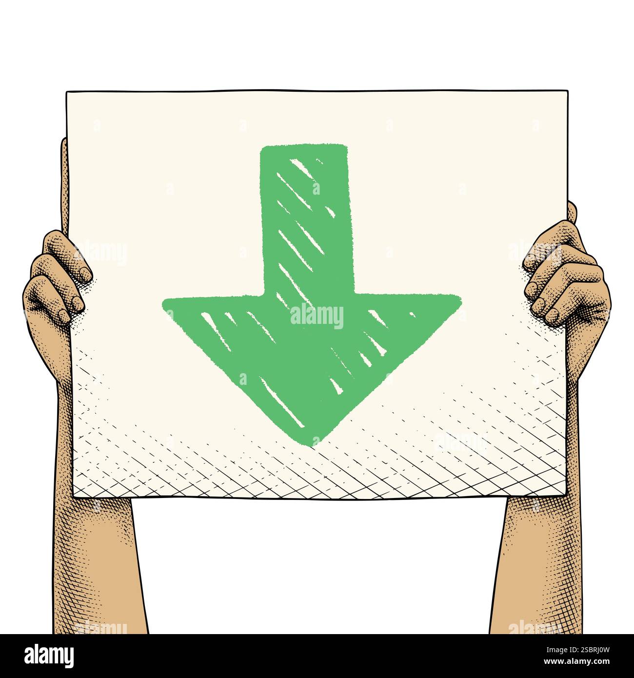 Hand raising a sign that says Downward Direction drawn using engraving ...