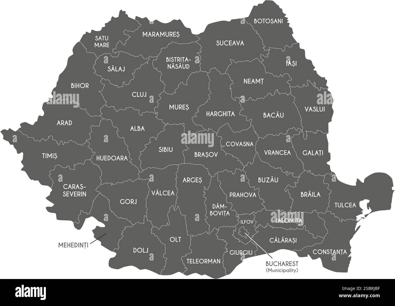 Vector regional map of Romania with counties or territories and administrative divisions ...