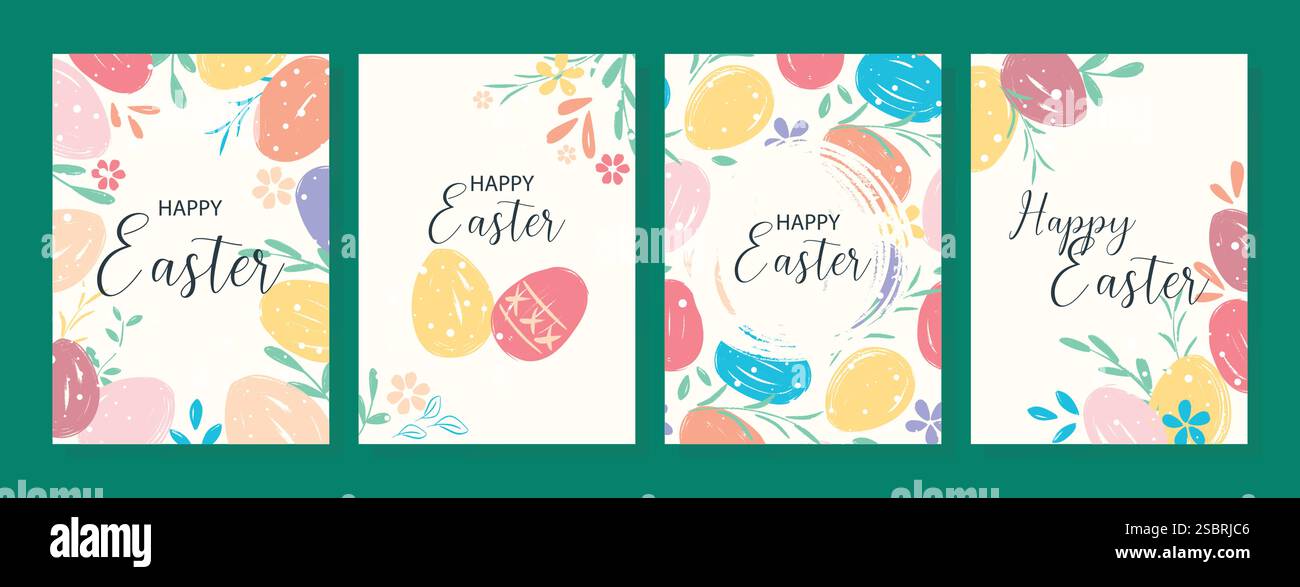 Happy Easter greeting cards set. Group of cards with colorful eggs and ...