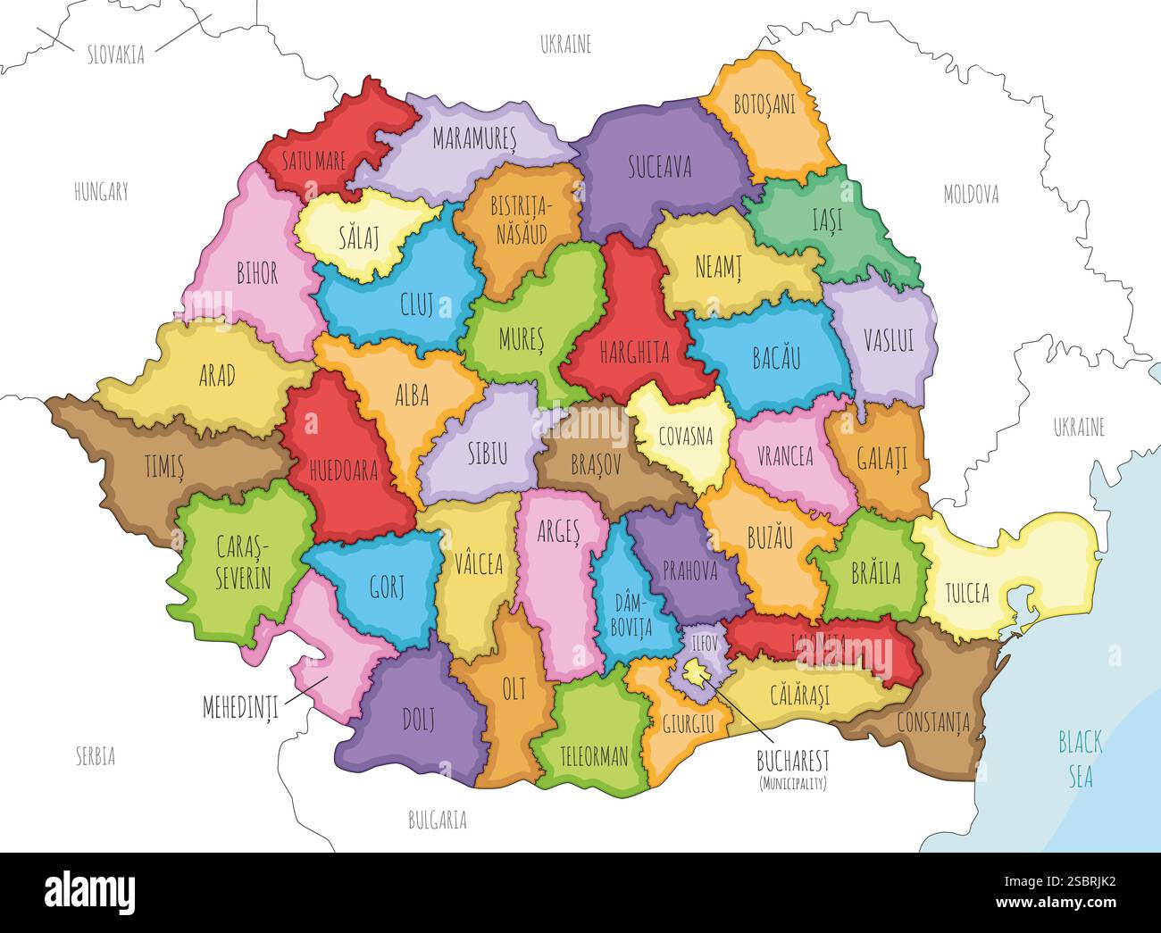 Vector illustrated regional map of Romania with counties and administrative divisions, and ...