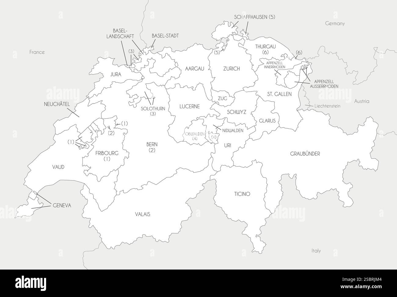 Vector regional map of Switzerland with cantons and administrative ...