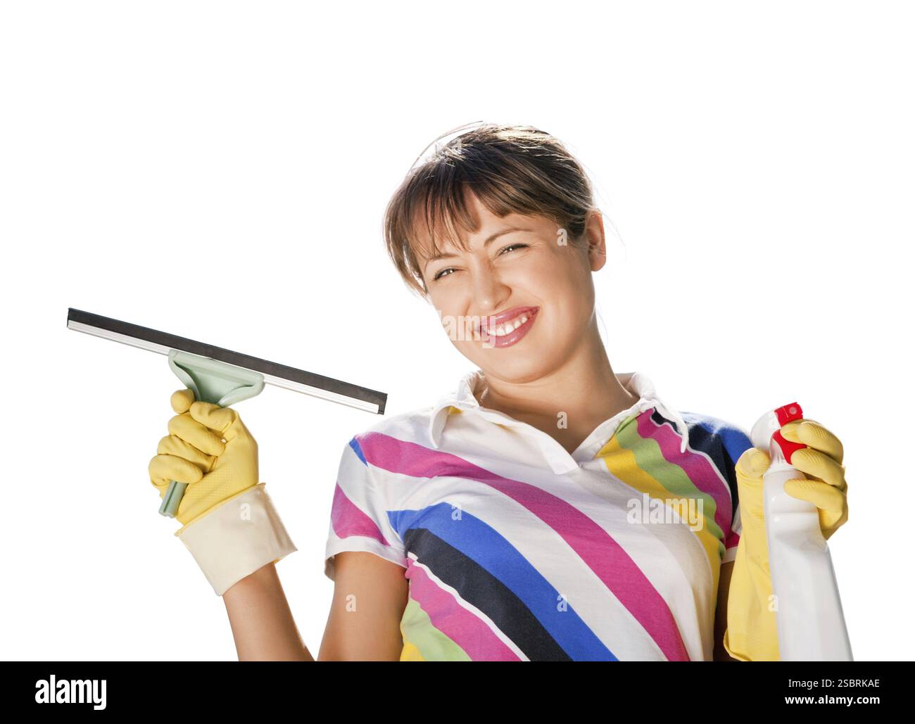 Young woman washing the window, isolated on white background Stock ...