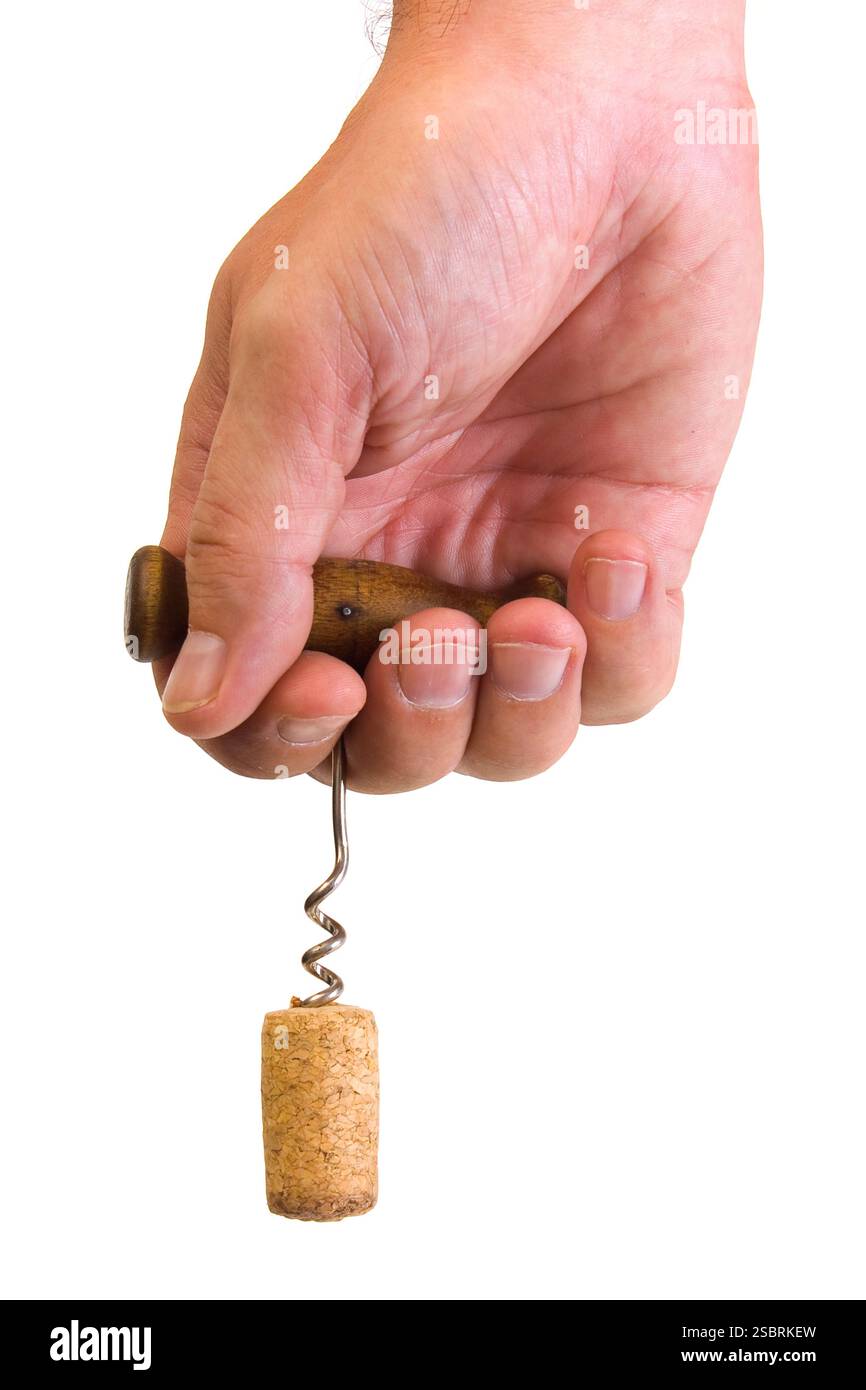 Corkscrew in hand isolated on white background Stock Photo - Alamy