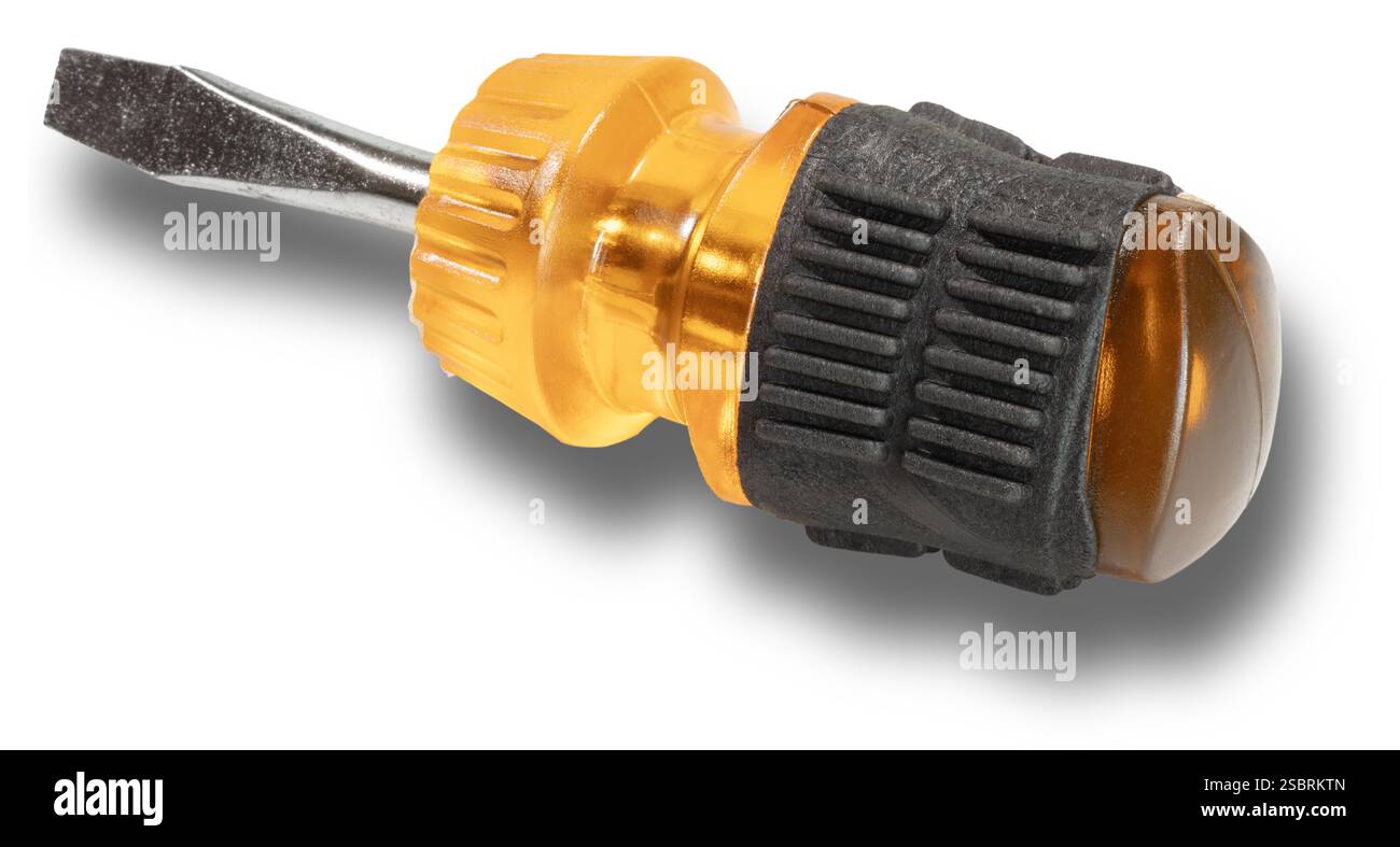 Isolated flat head screwdriver with a body made from translucent yellow ...