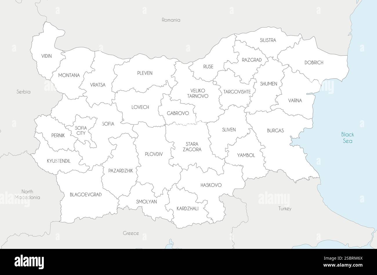 Vector regional map of Bulgaria with provinces and administrative divisions, and neighbouring ...