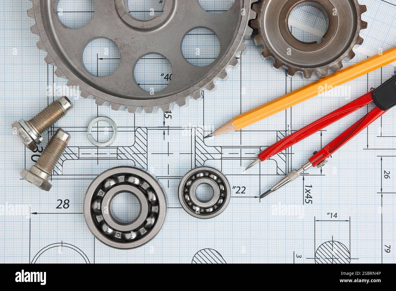 tools and mechanisms detail on the background of technical drawings ...