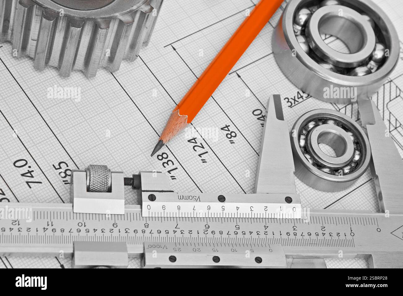 tools and mechanisms detail on the background of technical drawings ...