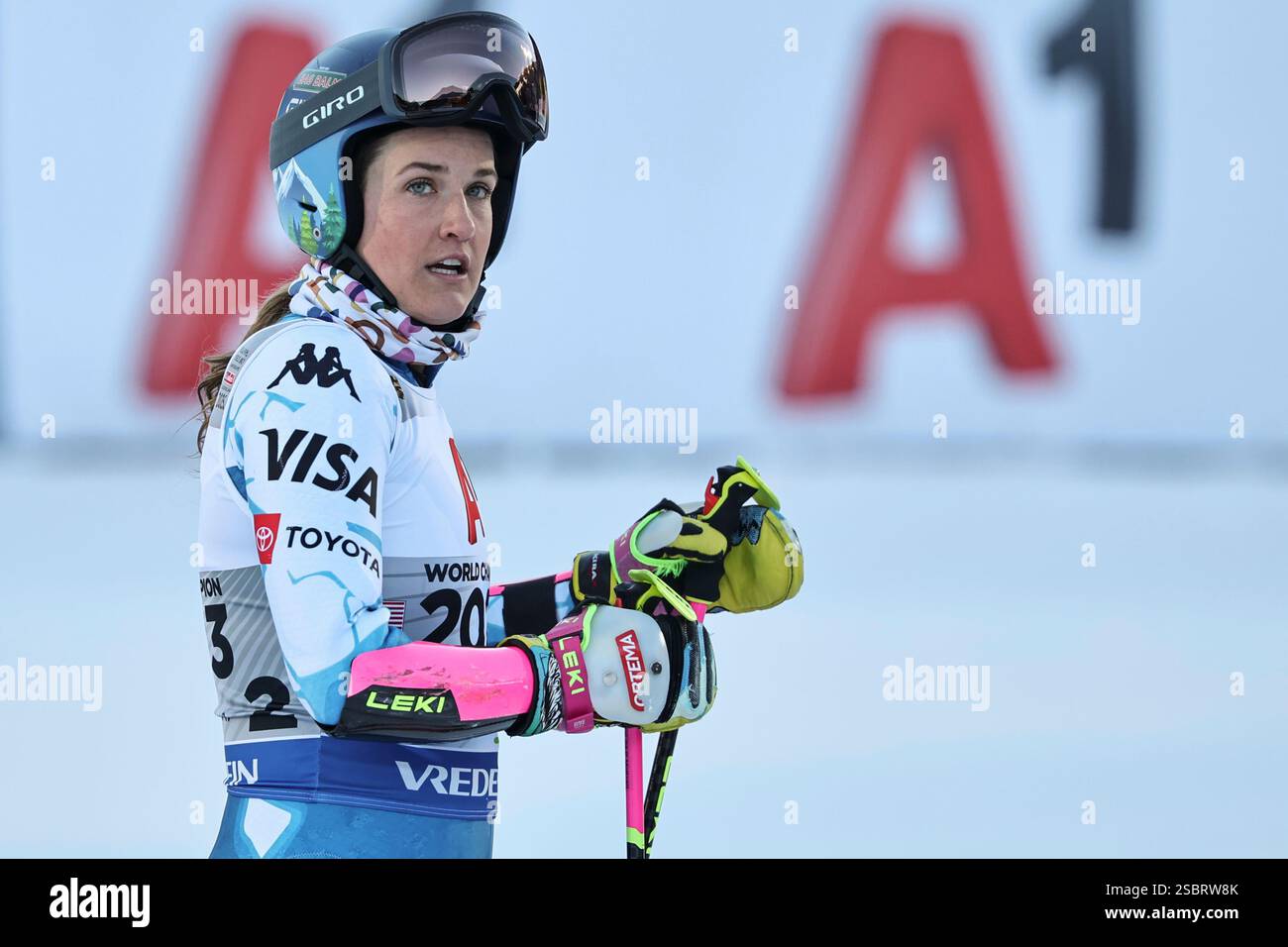 United States' Paula Moltzen looks at the scoreboard during an alpine ...
