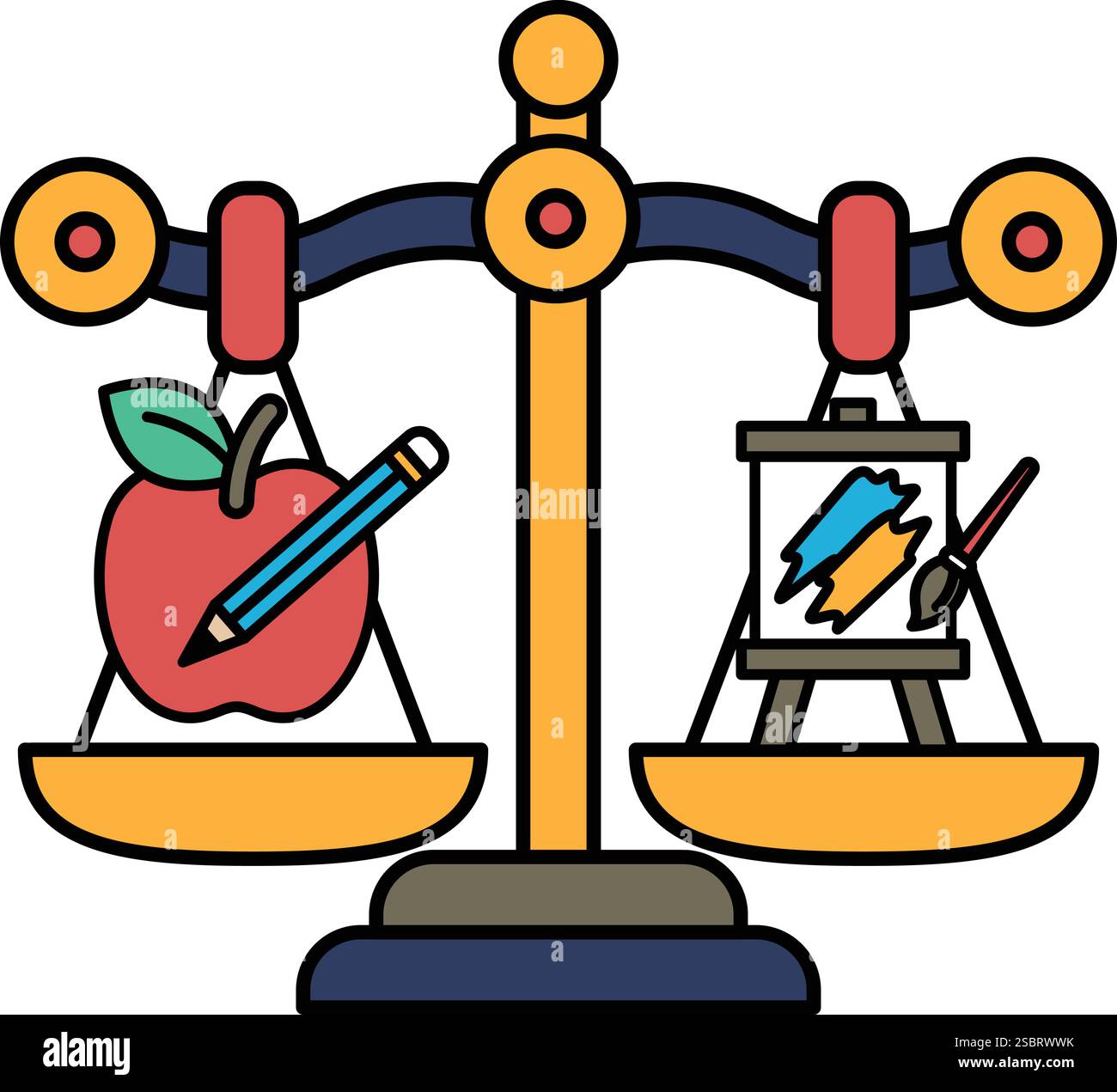 A scale with an apple on one side and a pencil on the other. The scale ...