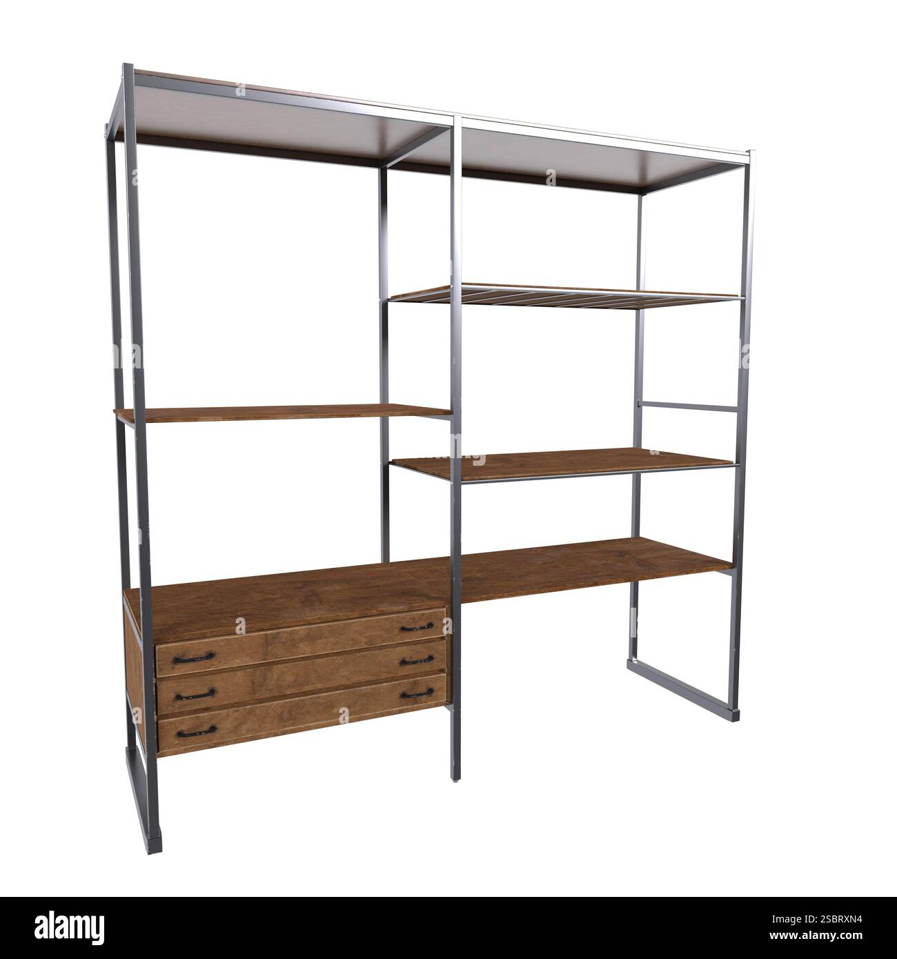 This stylish storage unit features a metal frame with wooden shelves ...