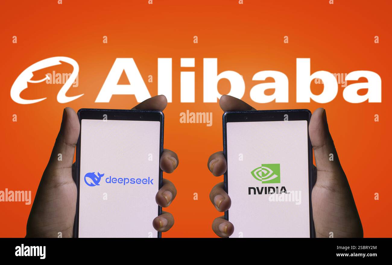 Deepseek vs Nvidia logo on smartphone, Background Alibabal logo Stock ...