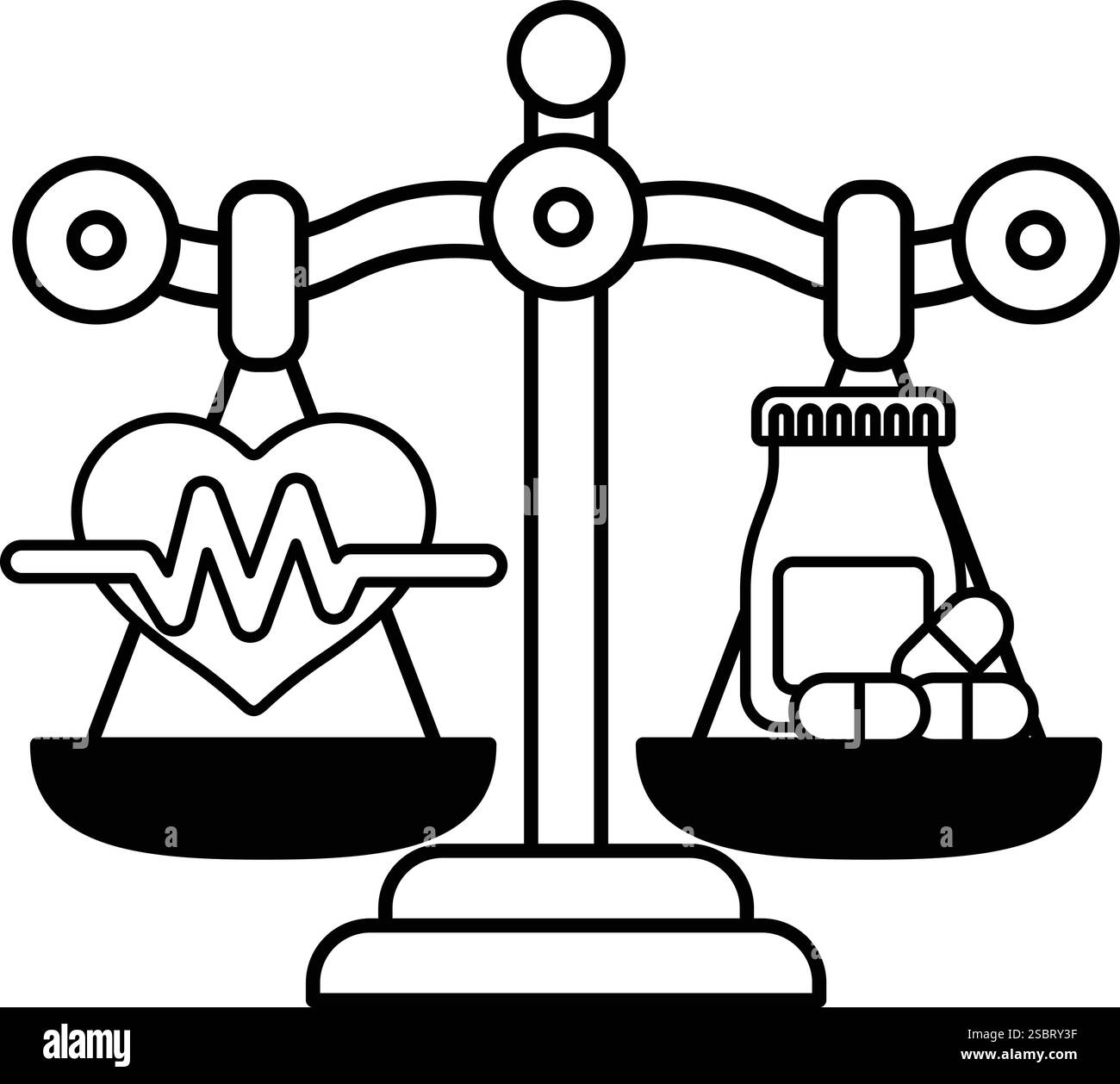 A scale with a heart on one side and a bottle of pills on the other ...