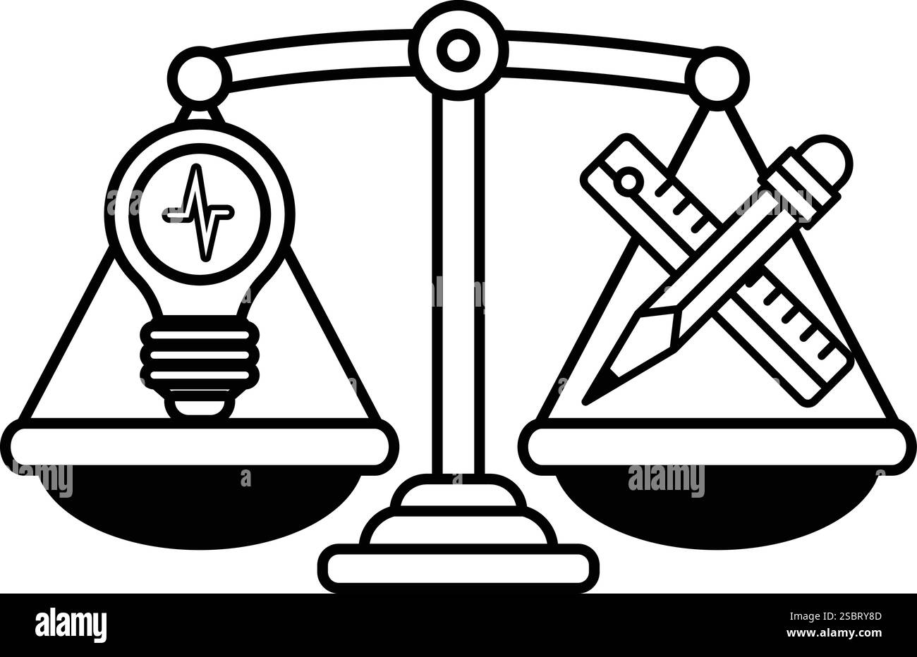 A black and white image of a scale with a light bulb on one side and a ...