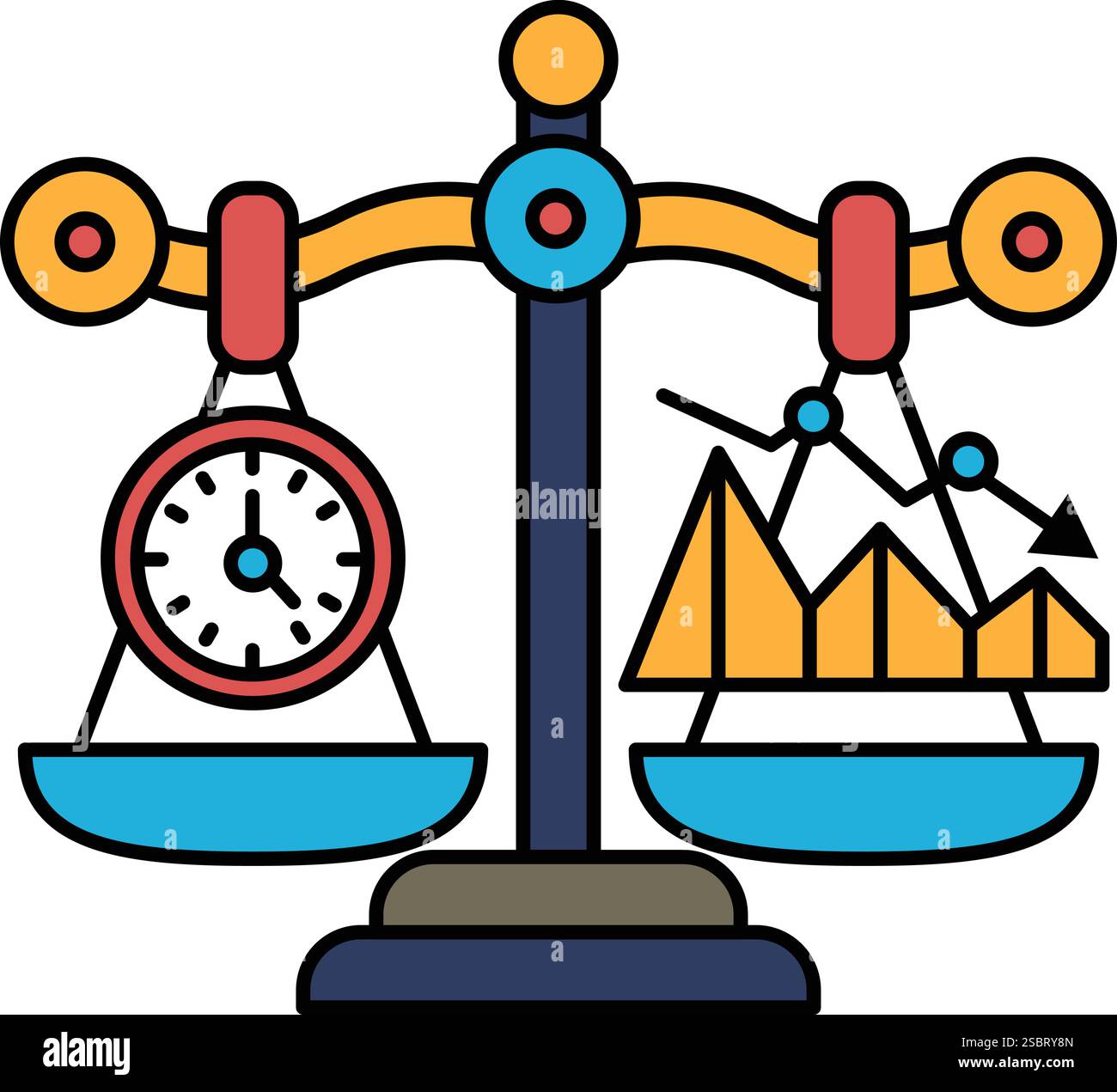 A scale with a clock on one side and a graph on the other. The clock is ...