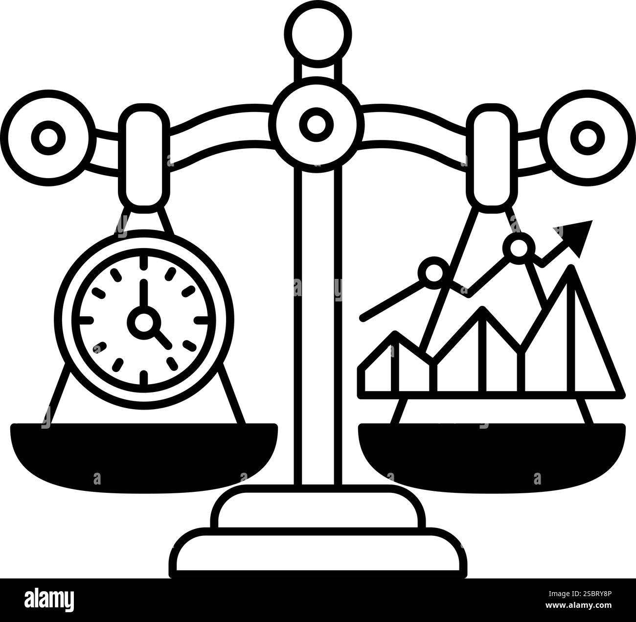 A black and white drawing of a scale with a clock on one side and a ...