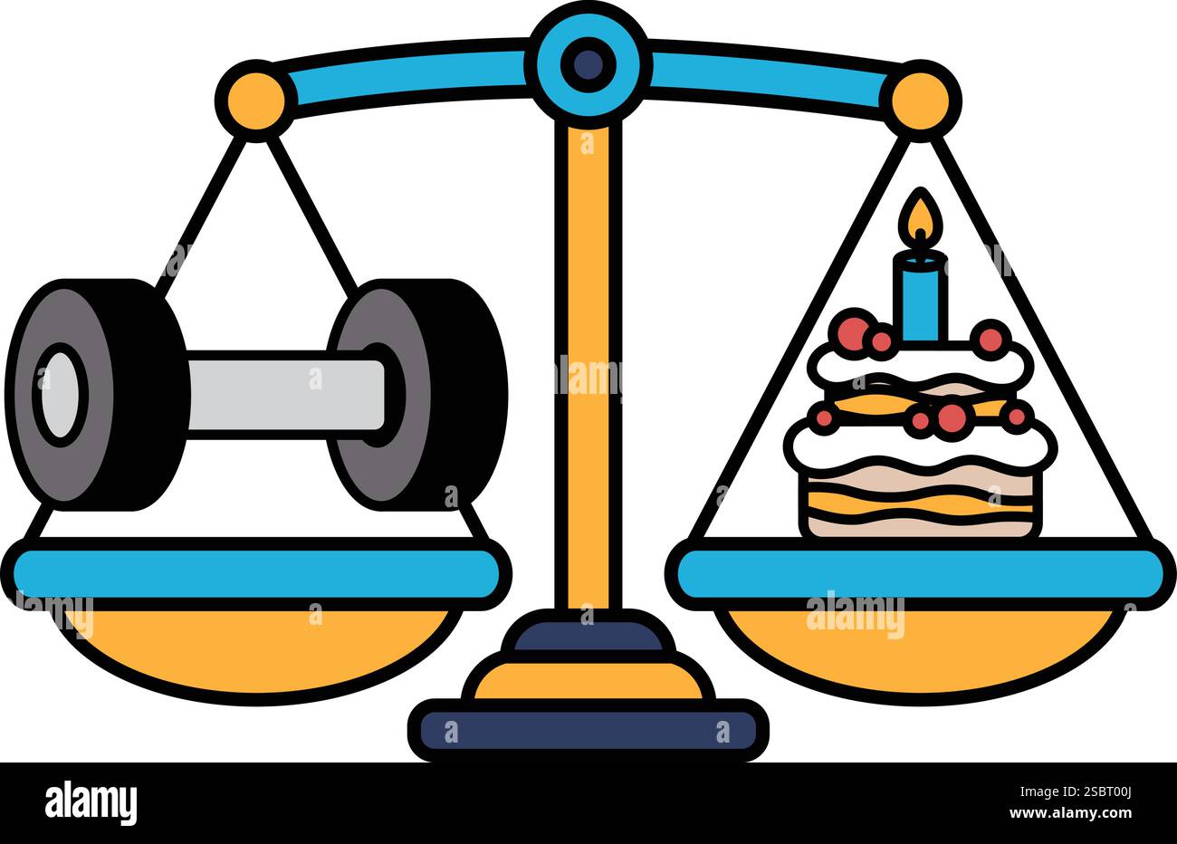 A scale with a cake on one side and a dumbbell on the other. The scale ...