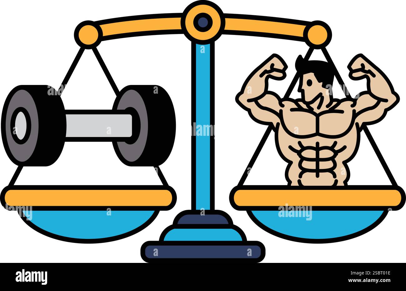 A man with a muscular build is on one side of a scale, while a dumbbell ...