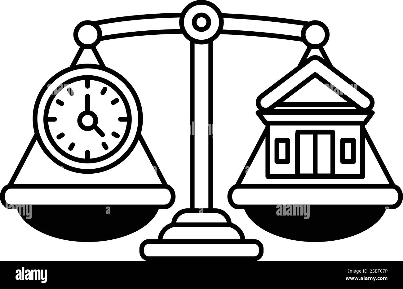 A scale with a clock on one side and a building on the other. The clock ...