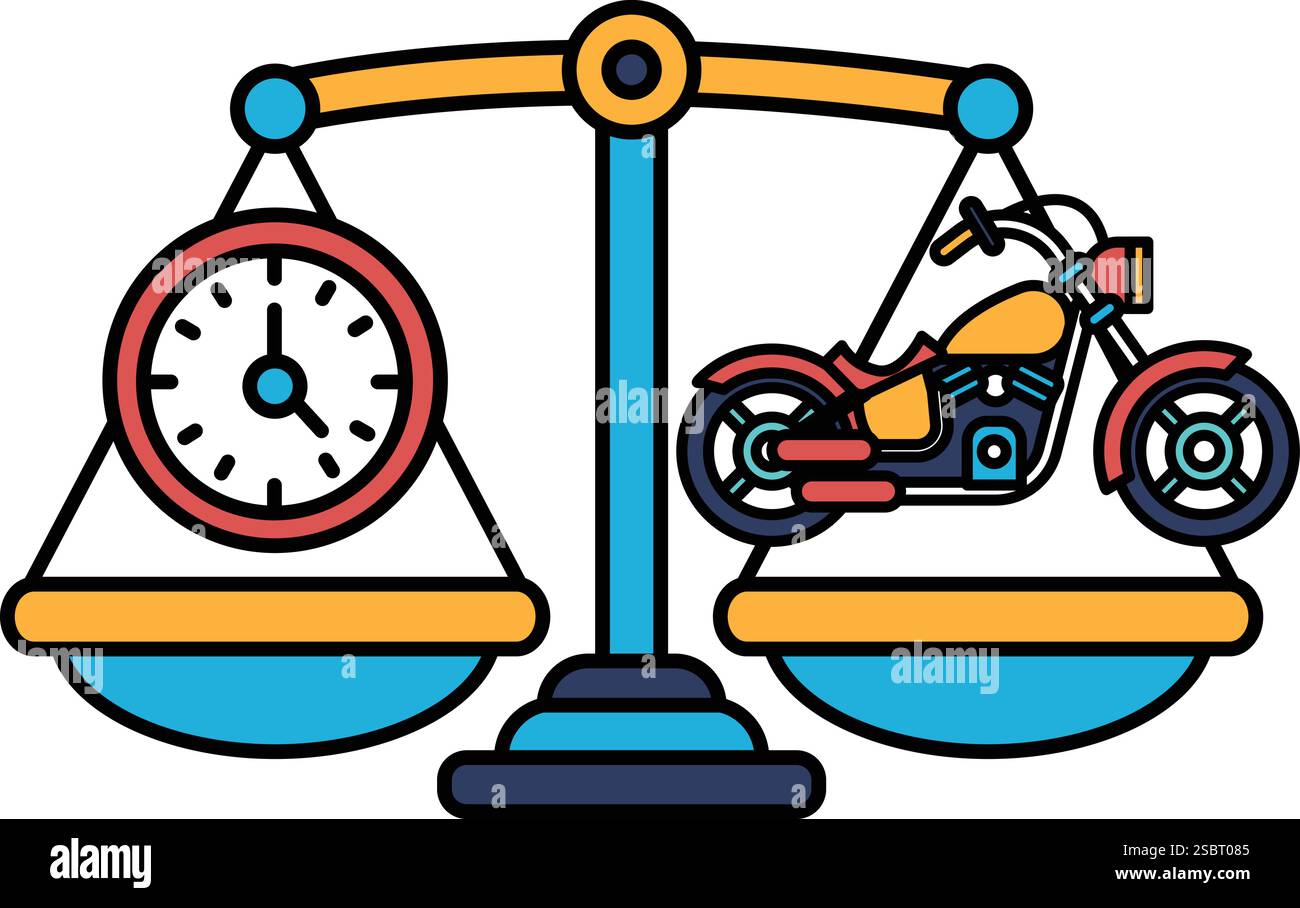 A scale with a motorcycle on one side and a clock on the other. The ...