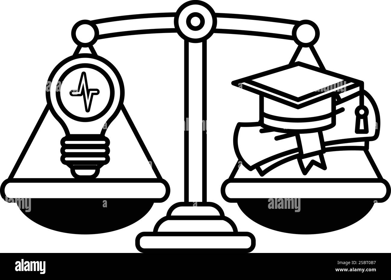 A scale with a light bulb on one side and a graduation cap on the other ...