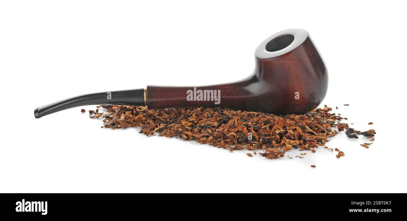Dry tobacco and smoking pipe isolated on white Stock Photo - Alamy