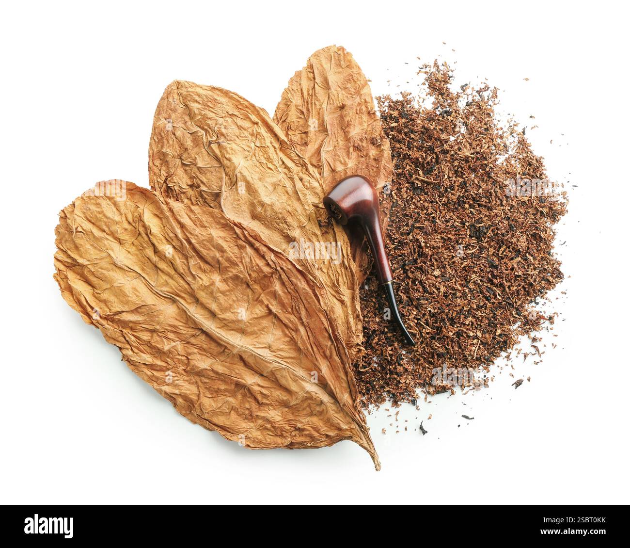 Dry tobacco, leaves and smoking pipe isolated on white, top view Stock ...
