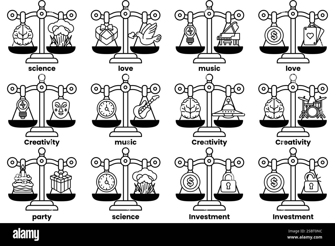 A Set of illustrations in the concept of scales and various things in ...