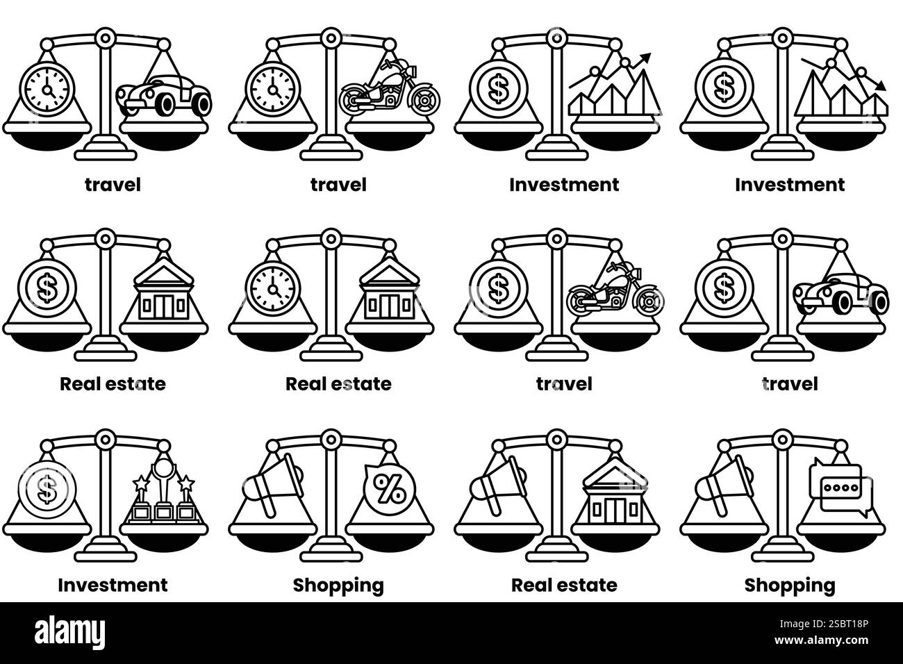 A Set of illustrations in the concept of scales and various things in ...
