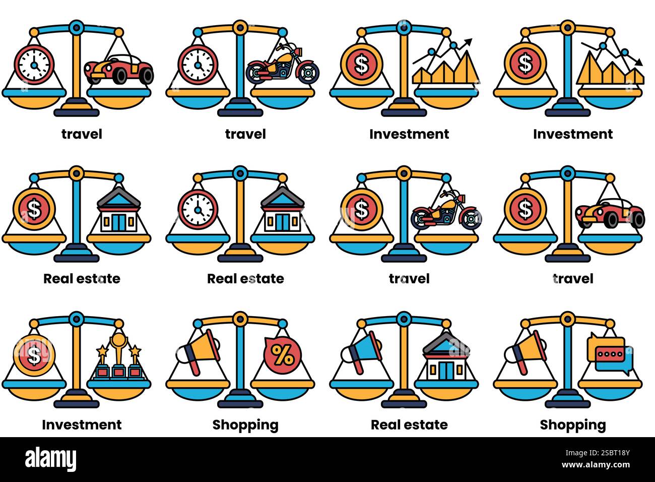 A Set of illustrations in the concept of scales and various things in ...