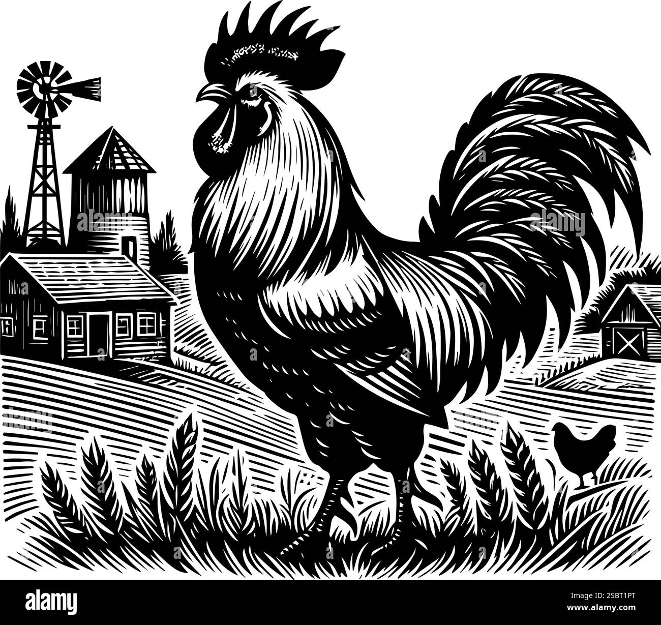 Black and white artwork, a vector illustration in linocut style ...