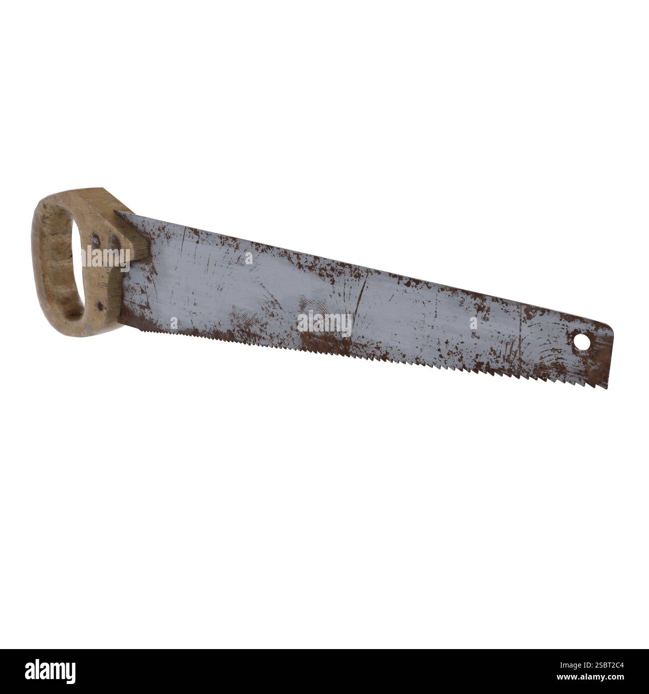 A worn hand saw lies on a neutral surface showing signs of age and ...