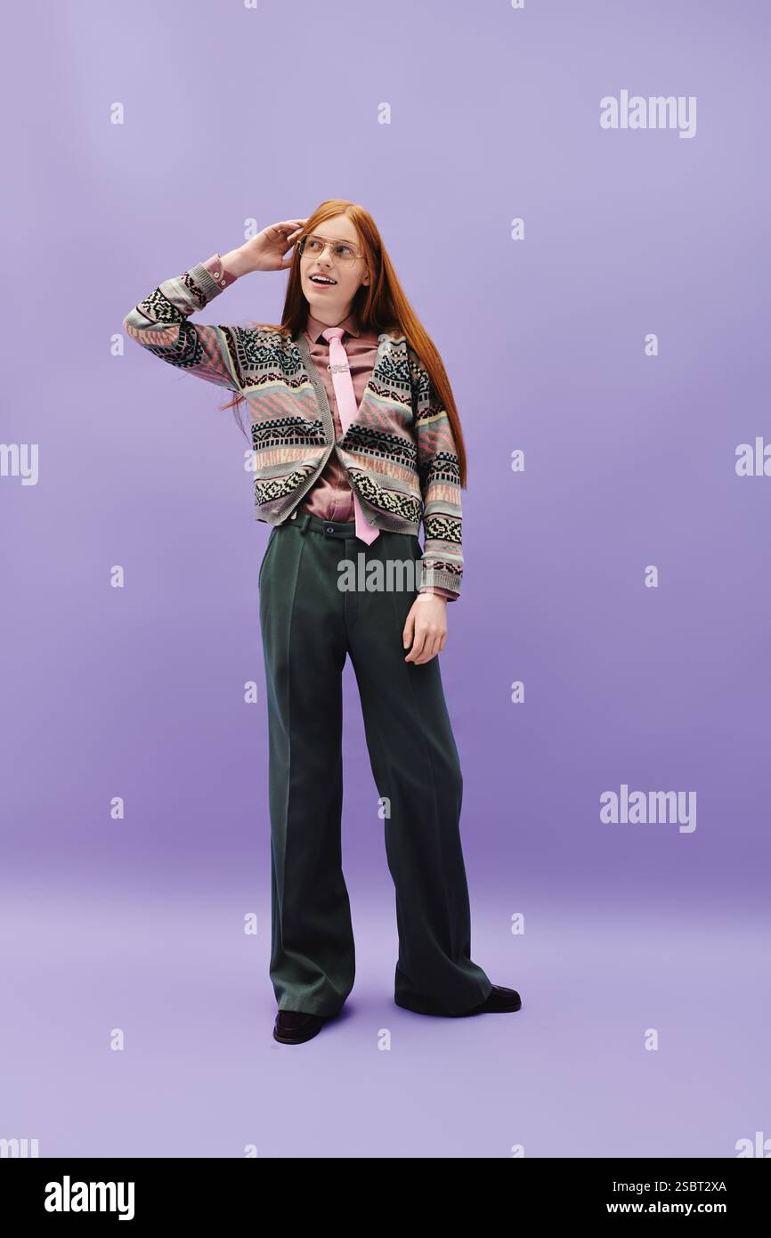 Dressed in a vibrant outfit, a young queer man strikes a playful pose ...