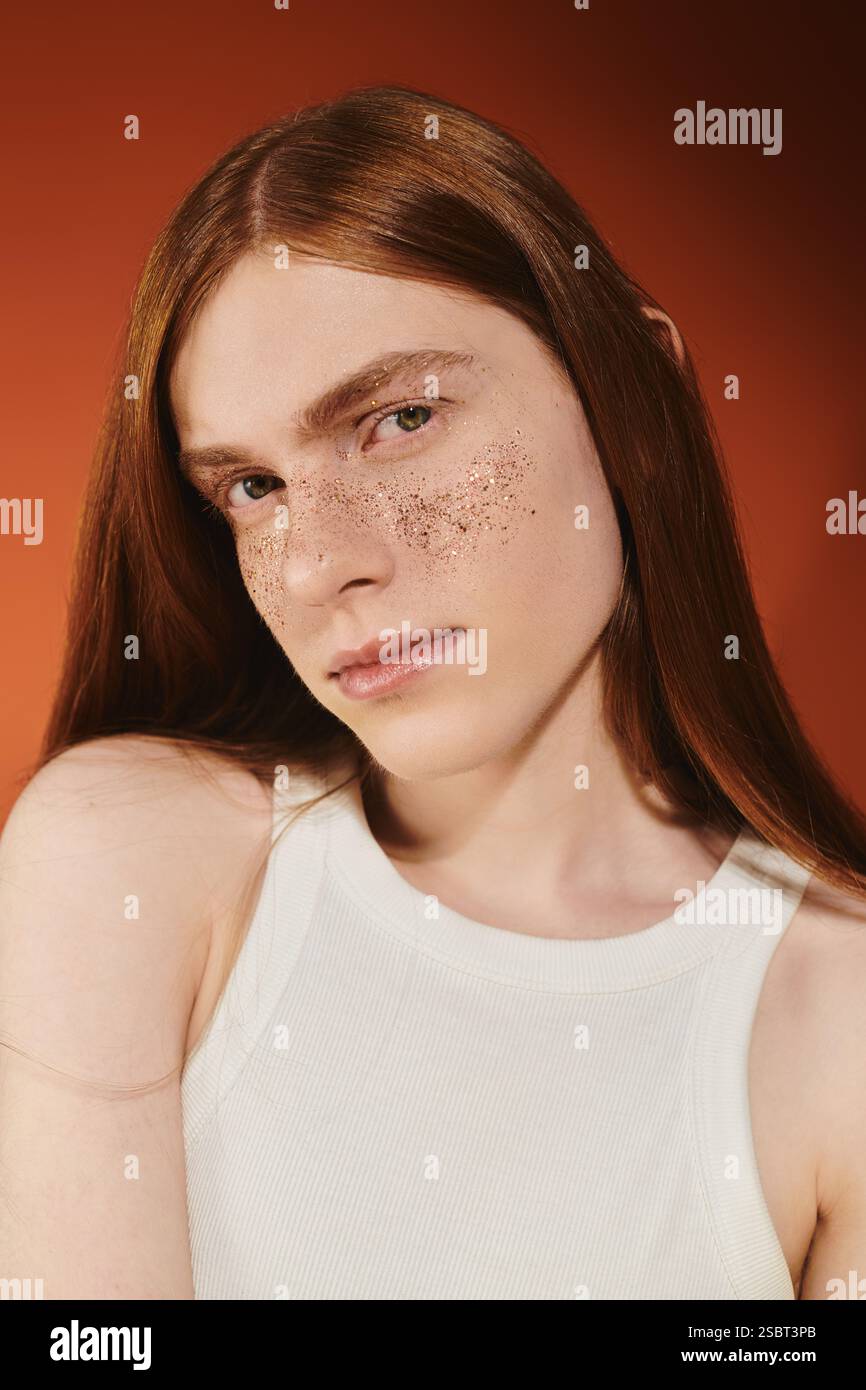 Vibrant portrait of a stylish young queer man with long red hair Stock ...