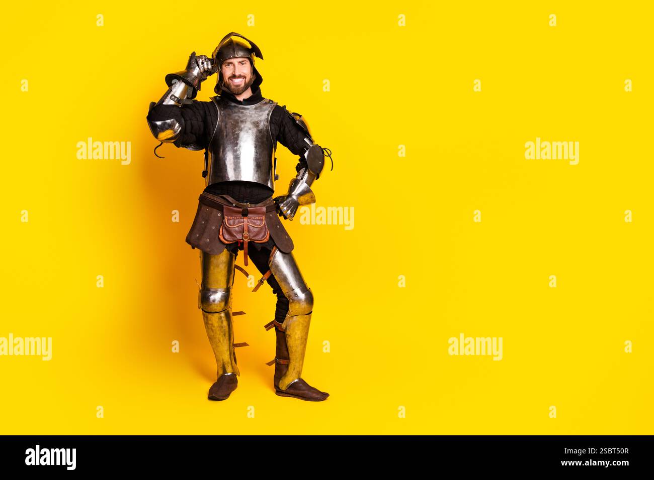 Medieval knight in full armor posing confidently against a bright ...