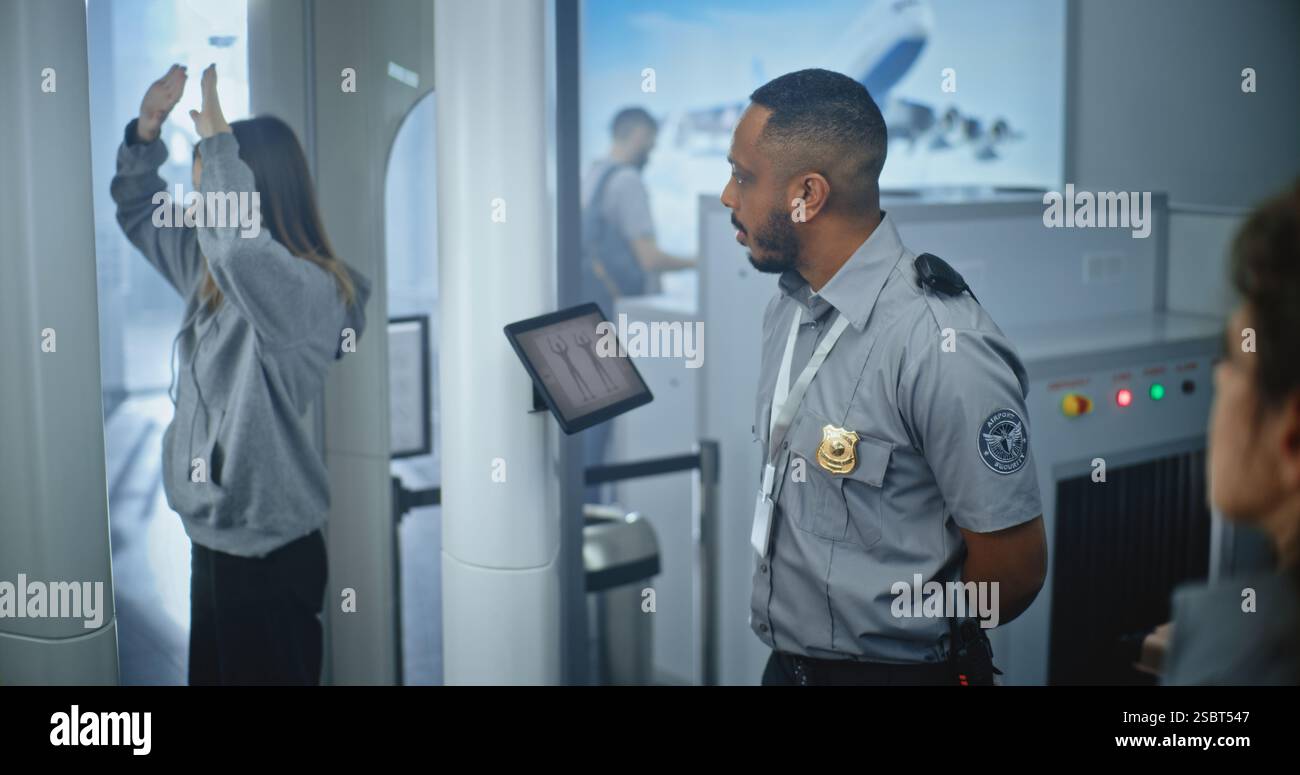 Security Checkpoint in Airport Terminal: Female Security Officer ...