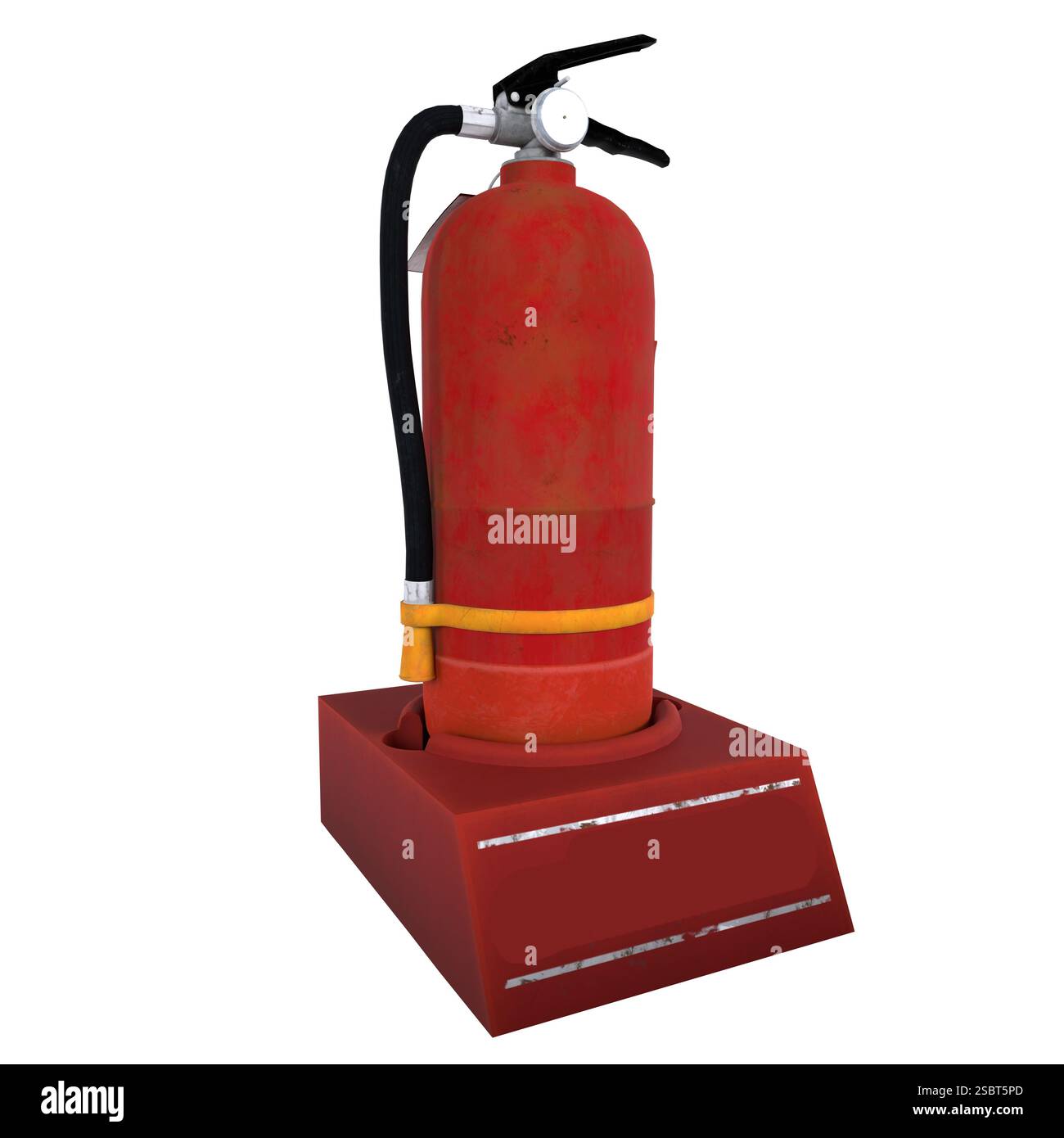 A red fire extinguisher stands on a secure base, ready for emergency ...