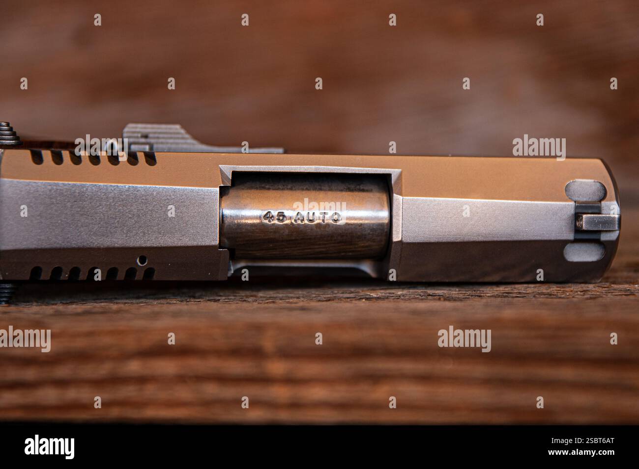 Top view of a stainless steel 45 semiautomatic handgun with 45 Auto ...