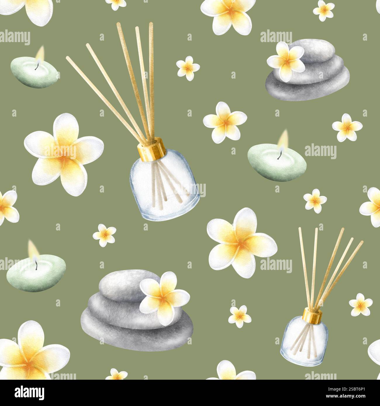 Aroma diffuser, candles, plumeria flowers and stack pebbles. Hand drawn ...