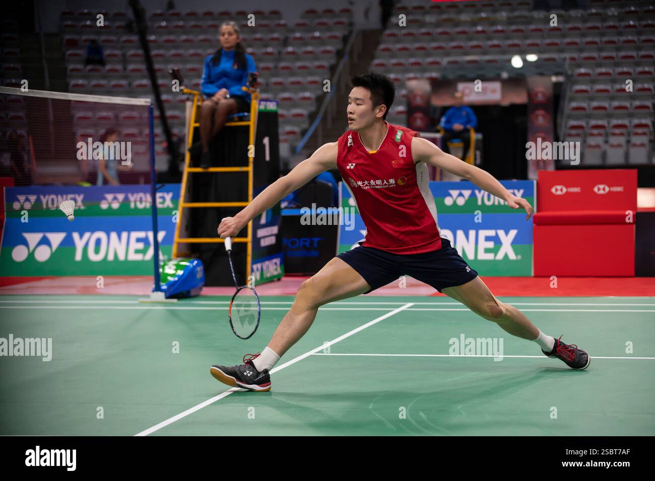Li Shi Feng (China) compete against Koki Watanabe (Japan) in men's singles match at the 2023 BWF ...