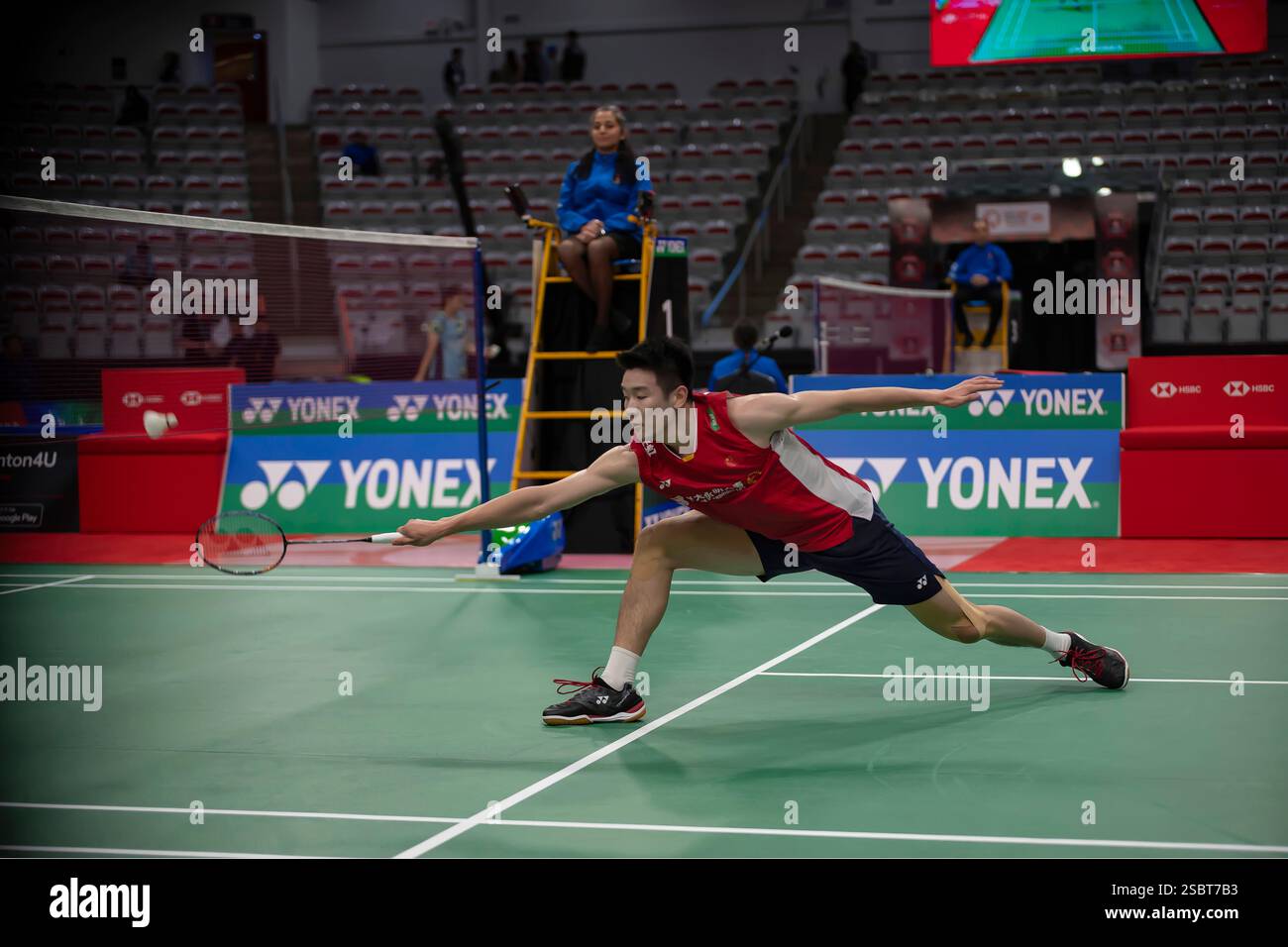 Li Shi Feng (China) compete against Koki Watanabe (Japan) in men's single match at the 2023 BWF ...