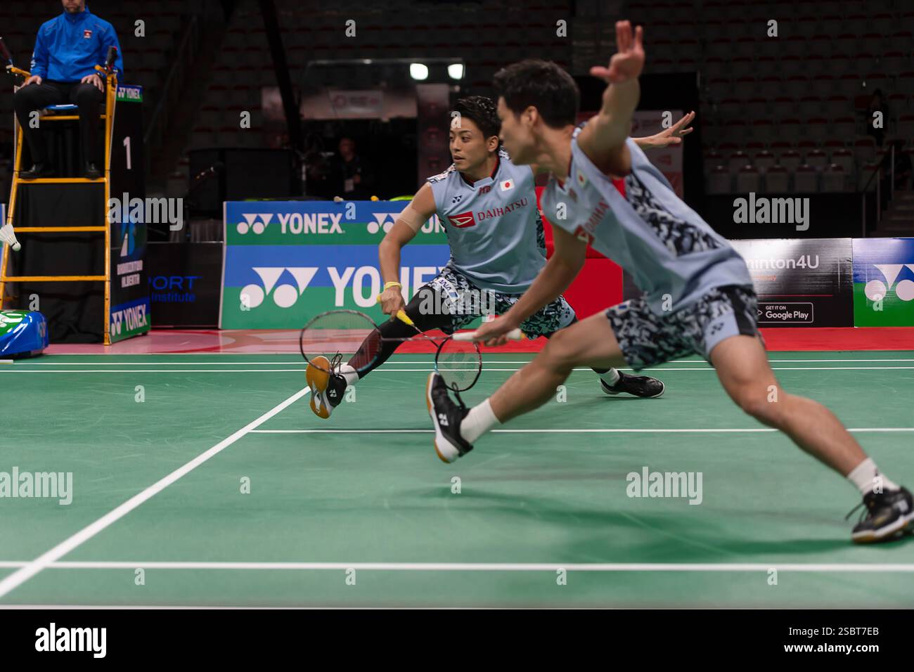 Akira KOGA and Taichi SAITO (Japan) compete against Frederik SØGAARD and Rasmus Kjaer (Denmark ...