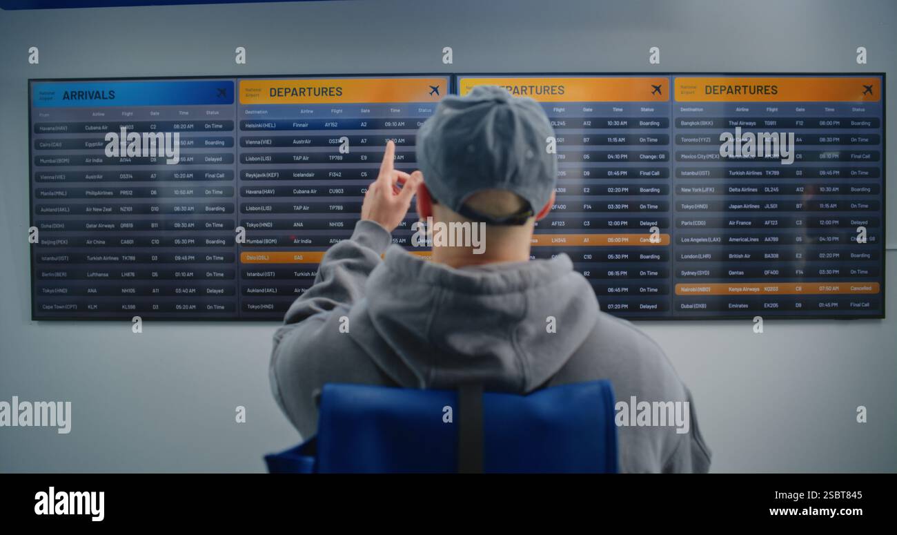 Airport Terminal: Back View of Man with Backpack Checking His Flight on ...