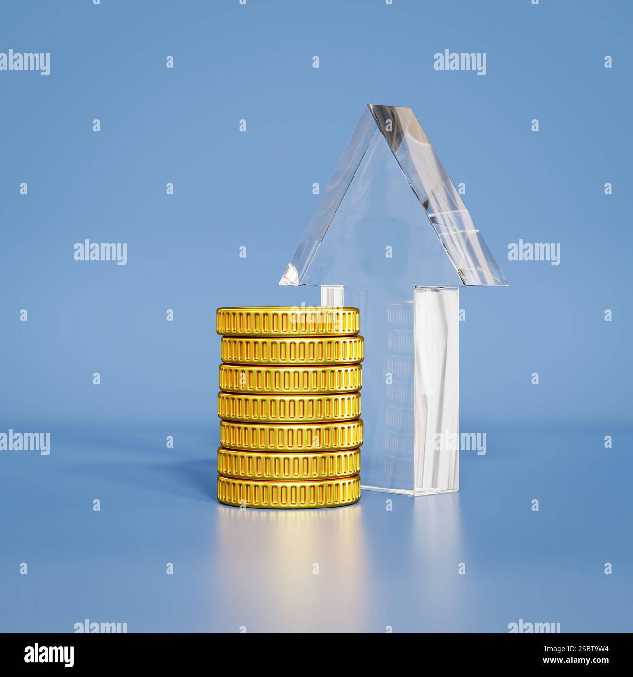 A stack of golden coins in front of a transparent upwards pointing ...