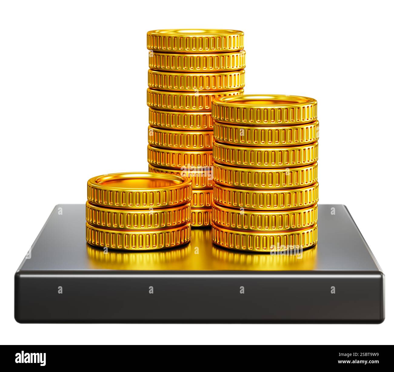 Stacks of golden coins on a black pedestal. Wealth concept. Pure white ...