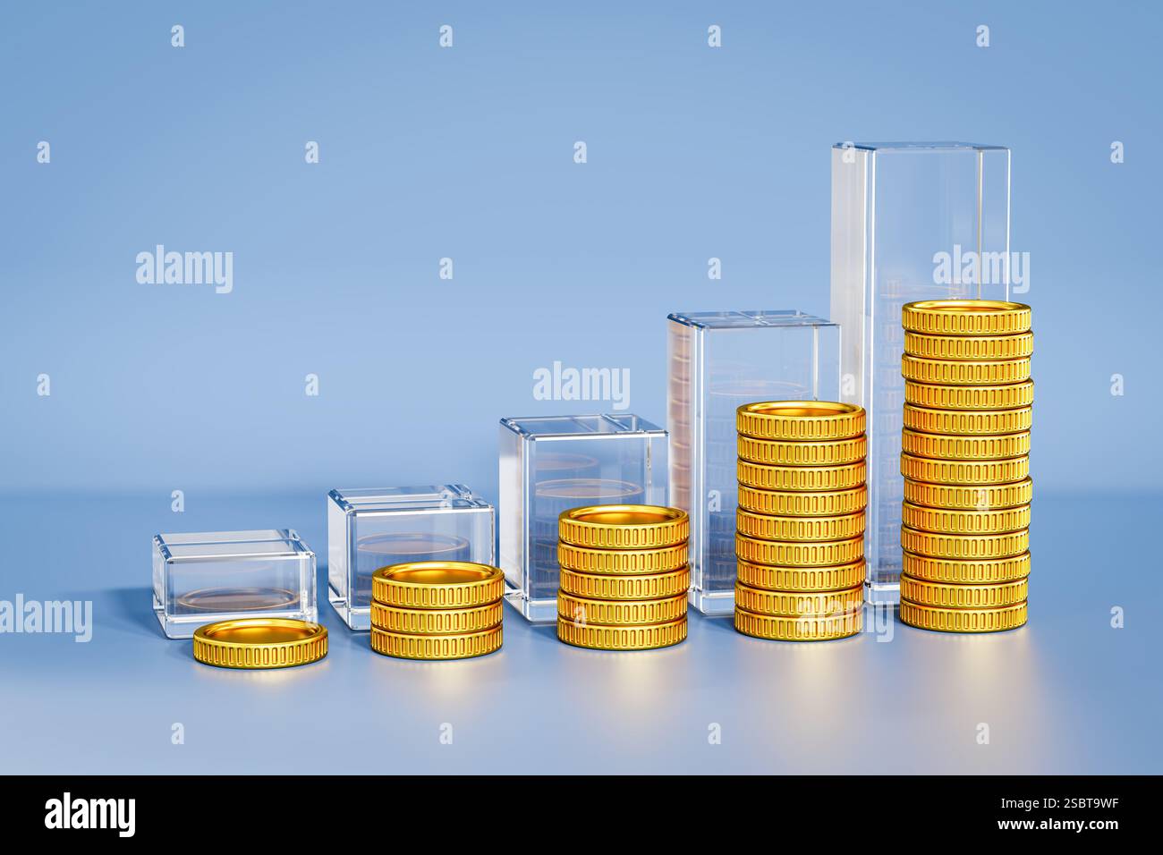 Growing stacks of golden coins on a blue background with a ...