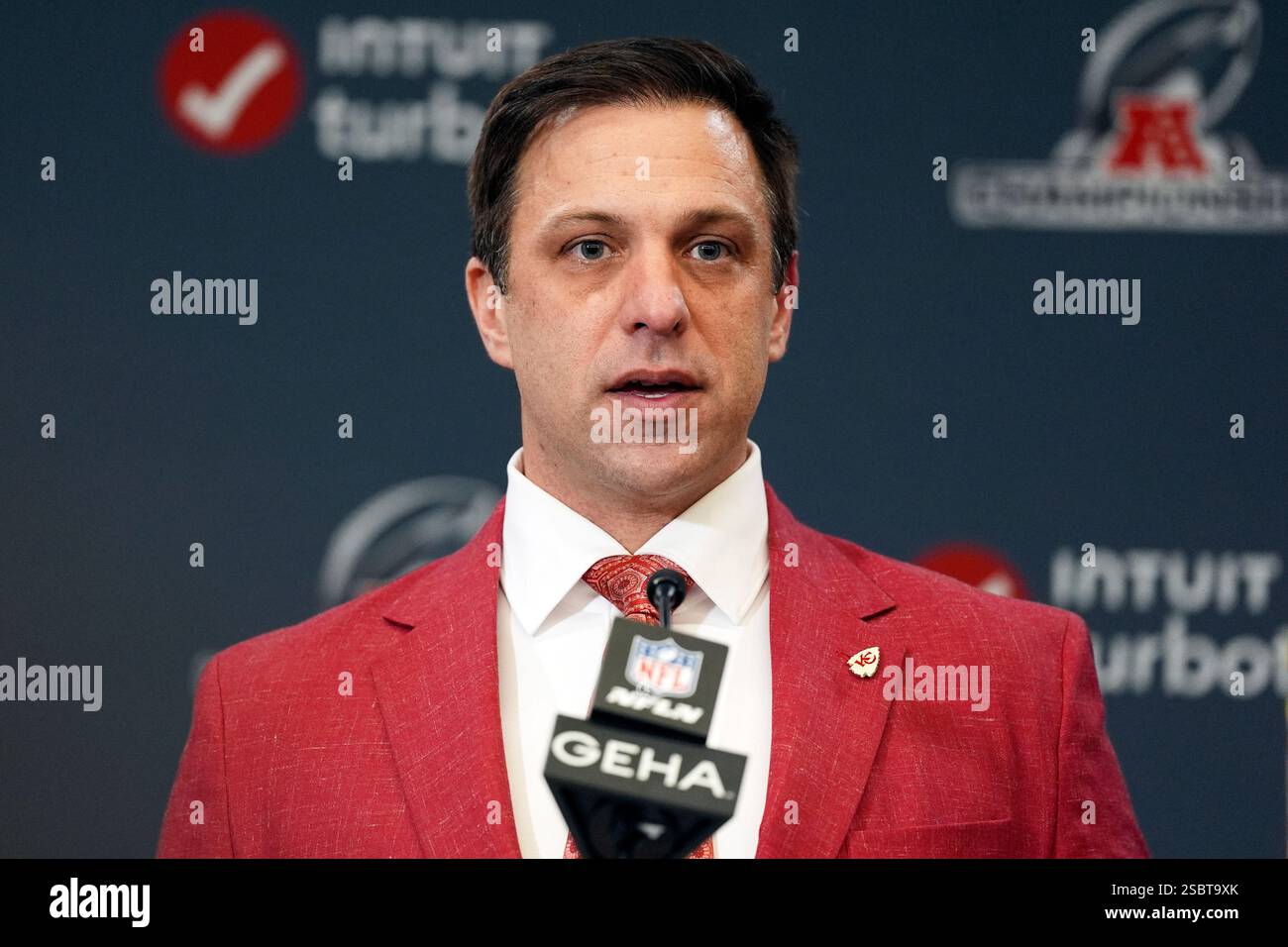FILE - Kansas City Chiefs general manager Brett Veach speaks during a ...
