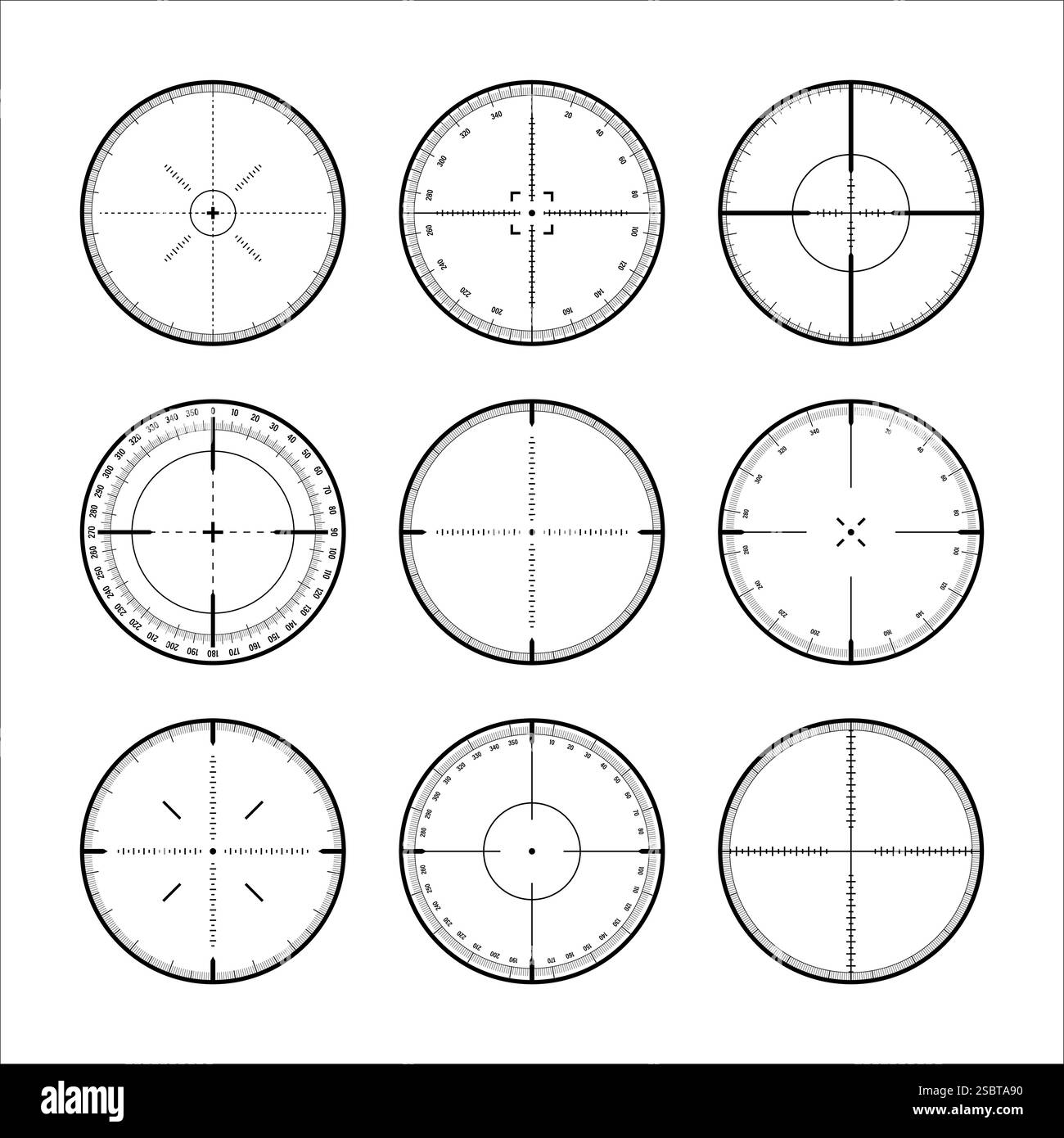 Various sniper rifle sights with degree scale, weapon optical scope ...