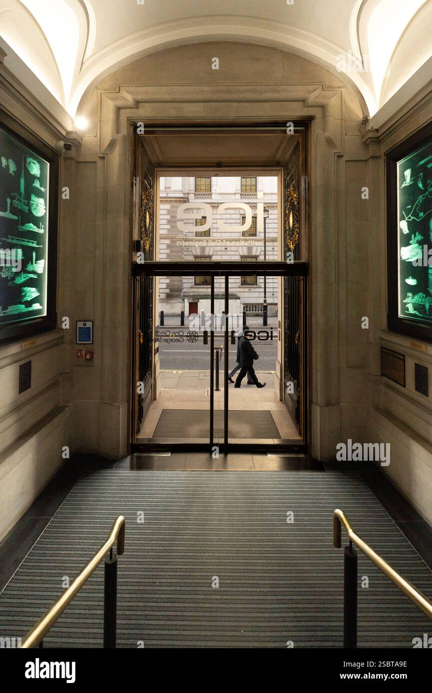 ICE (Institution of Civil Engineers) entrance. Pedestrians walk through ...