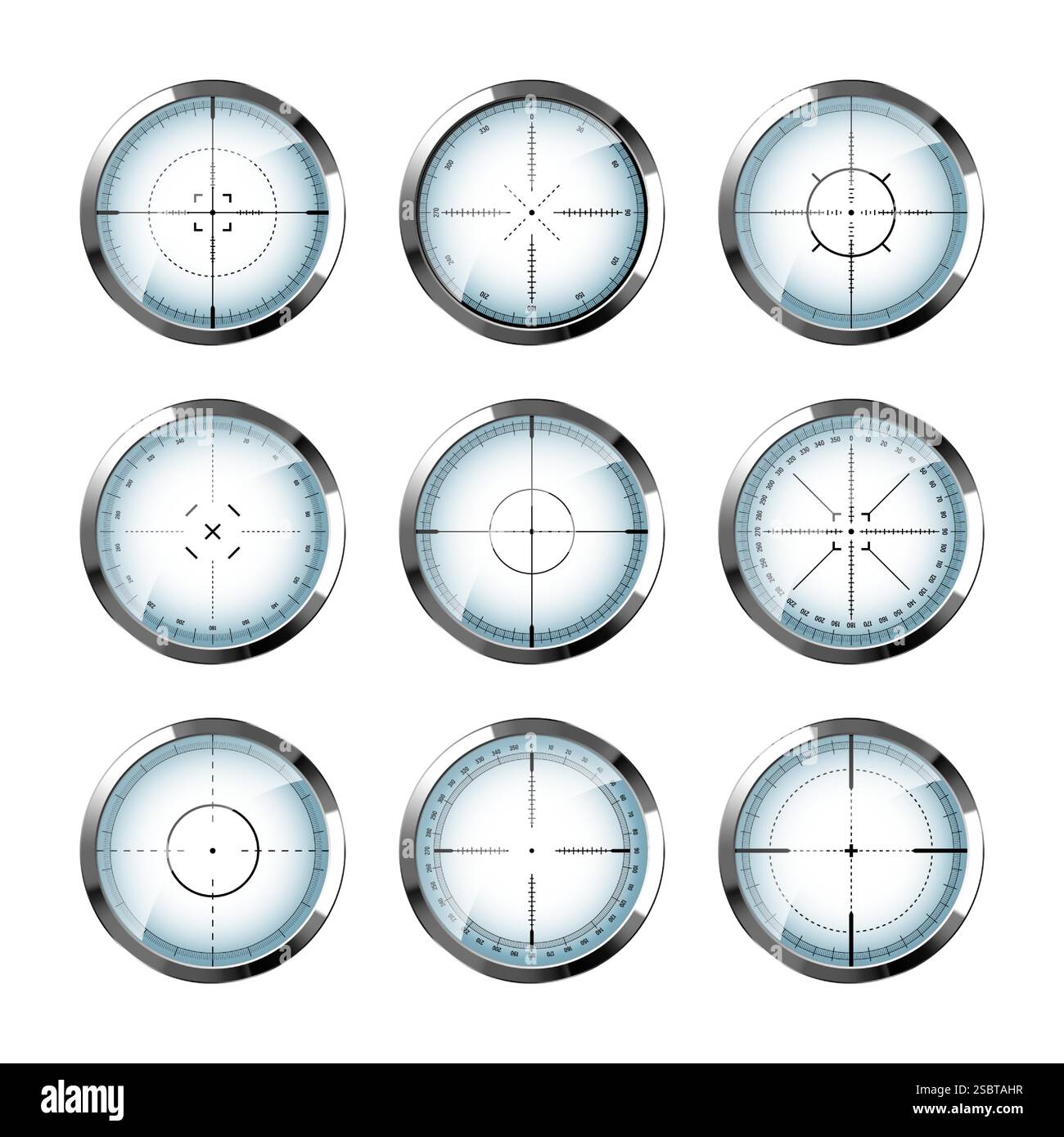 Chrome weapon sights, sniper rifle optical scopes. Hunting gun ...
